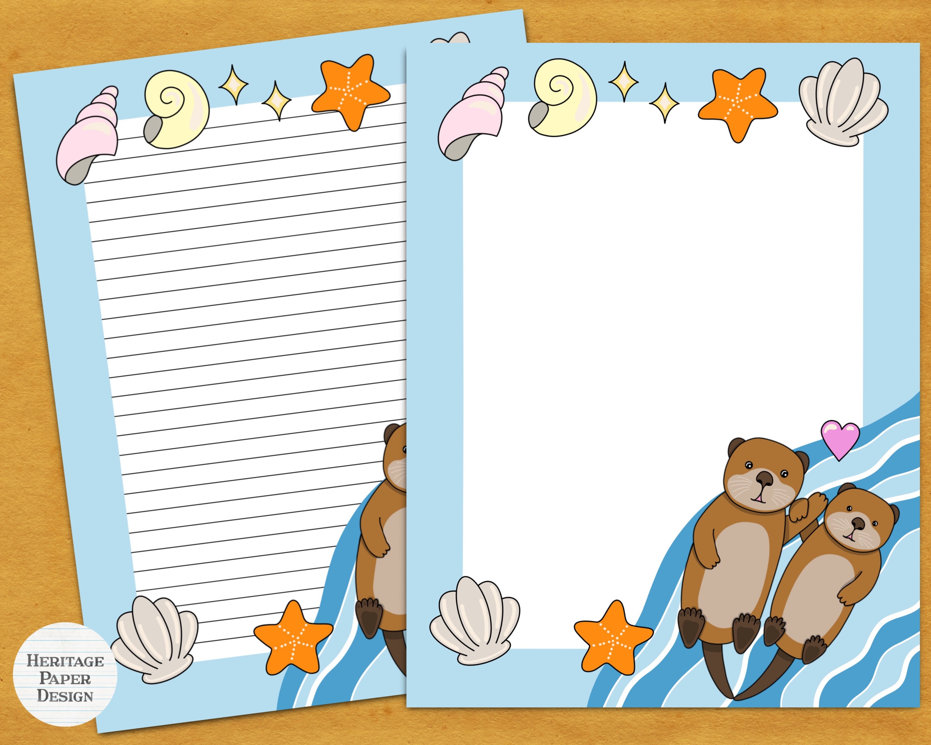 Cute Sea Otters Printable Stationery / Digital Note Paper / Instant ...
