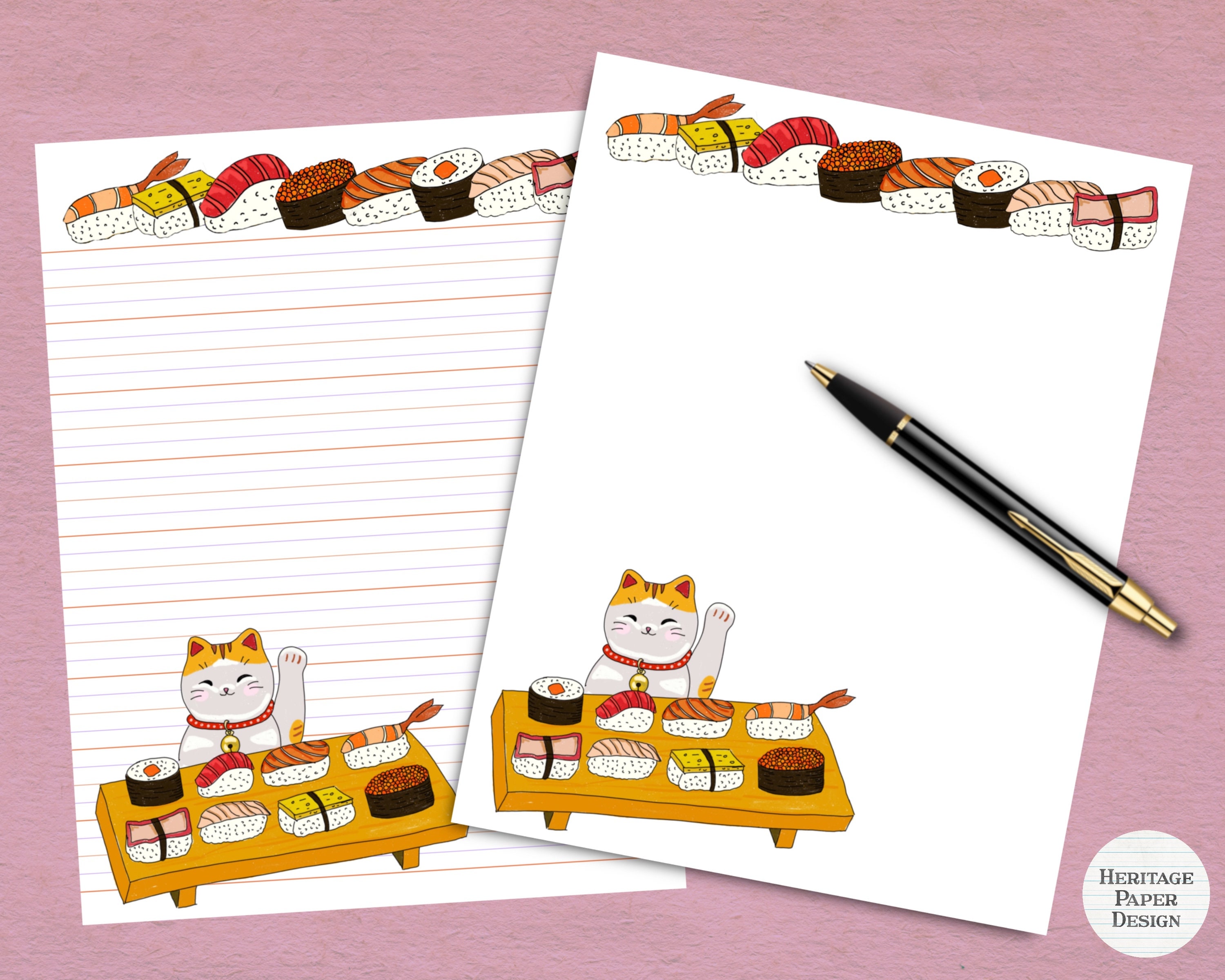 Sushi Cat Printable Stationery, Kawaii Note Paper (digital Download) - Etsy