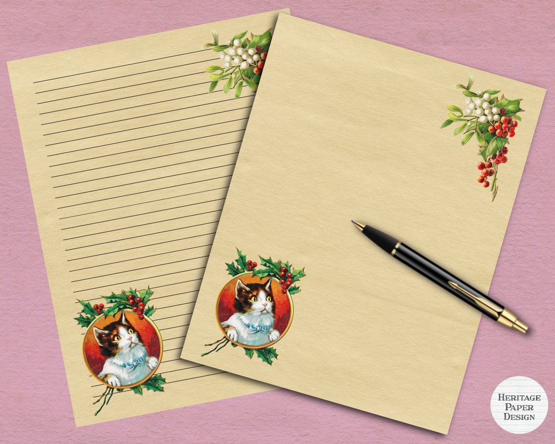 Vintage Christmas Cat Printable Stationery / Textured Digital Note ...