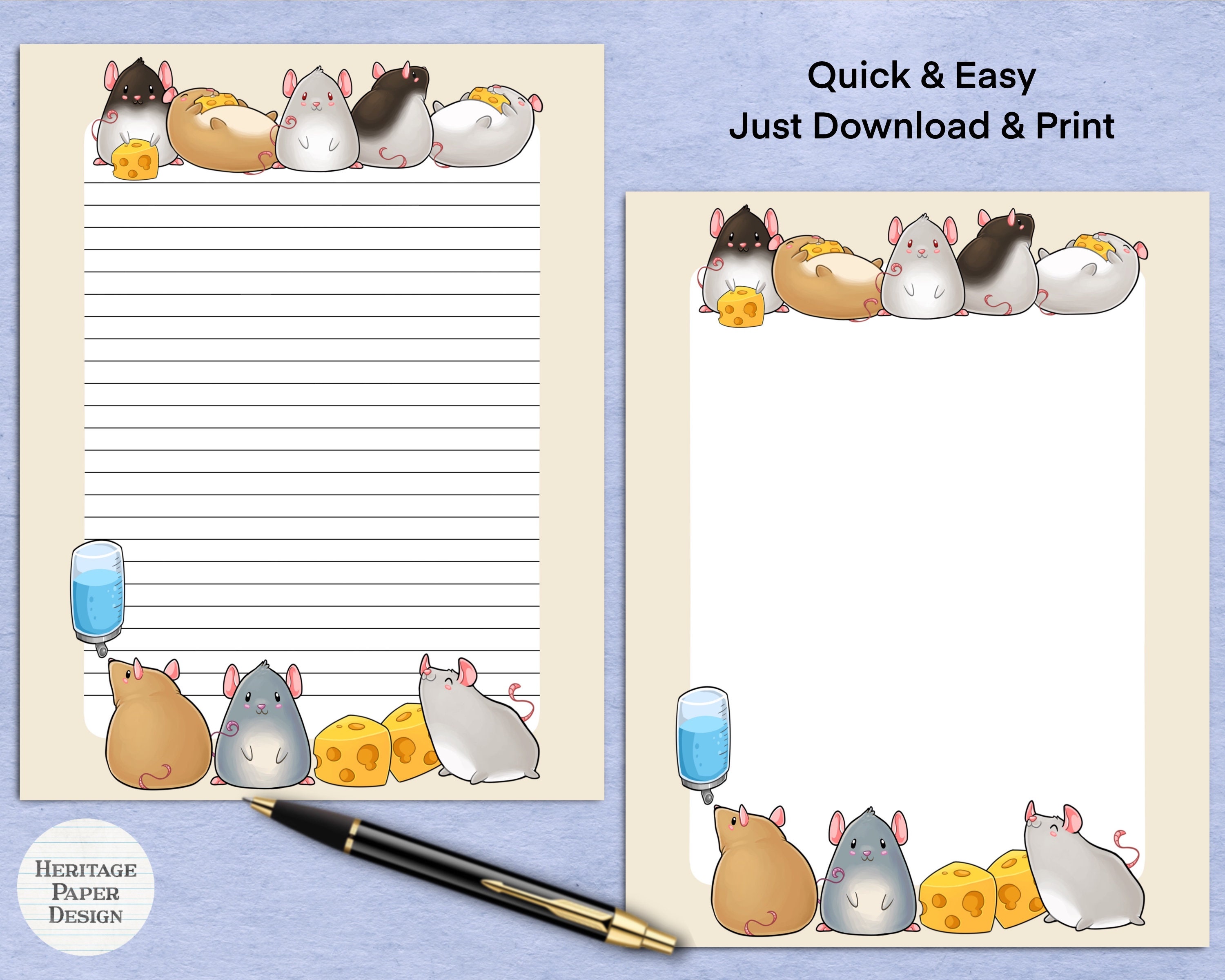Cute Pet Rats Printable Stationery / Digital Note Paper / Instant ...
