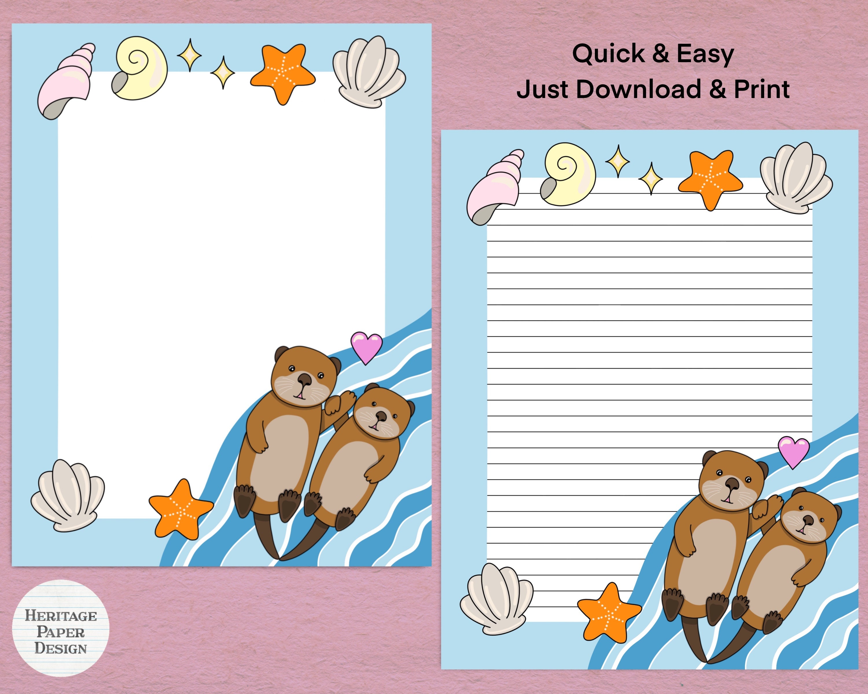 Cute Sea Otters Printable Stationery / Digital Note Paper / Instant ...