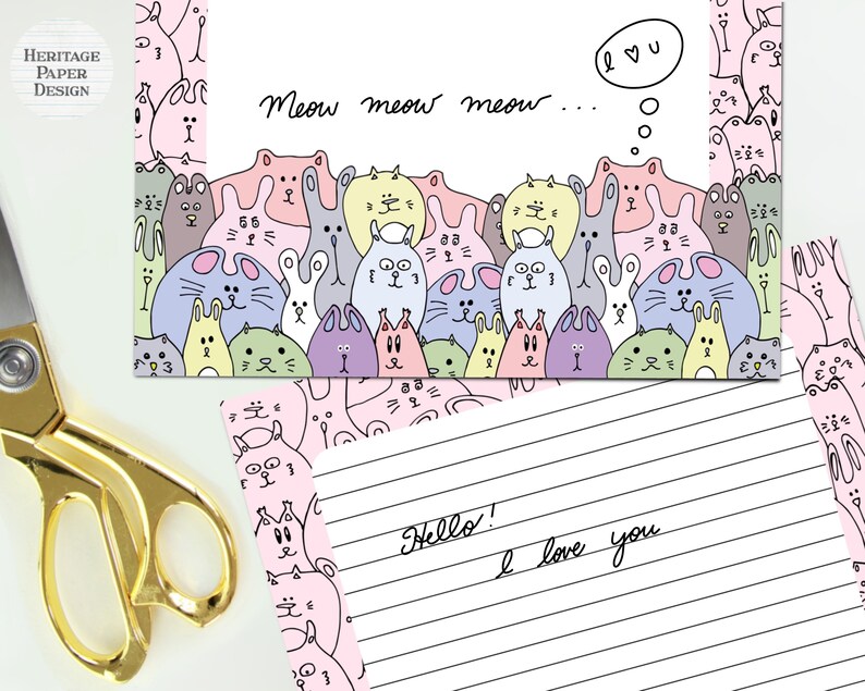 Cute Cartoon Cats Printable Stationery / Digital Note Paper / Instant ...