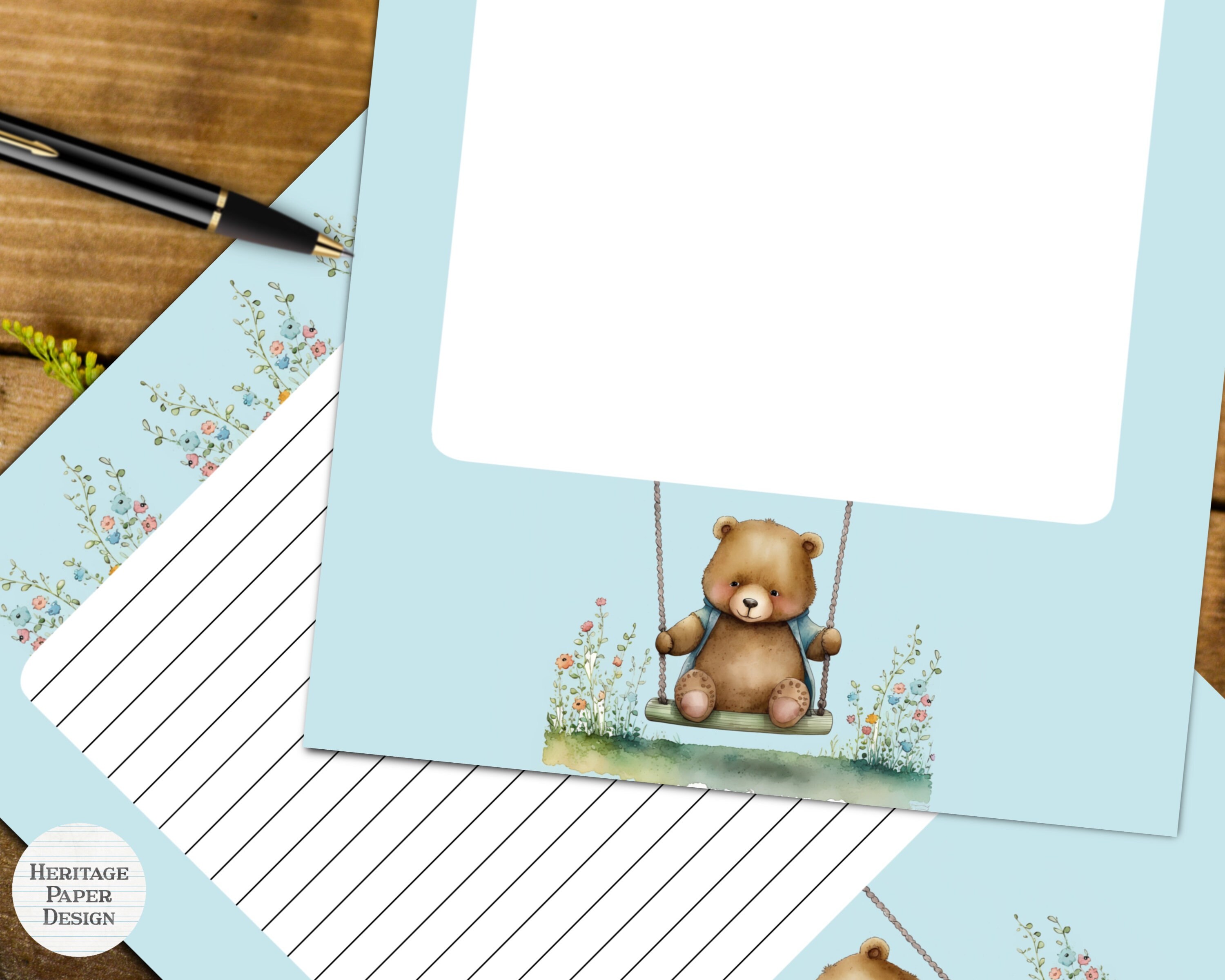 Teddy Bear Printable Stationery, Digital Note Paper, Instant Download ...