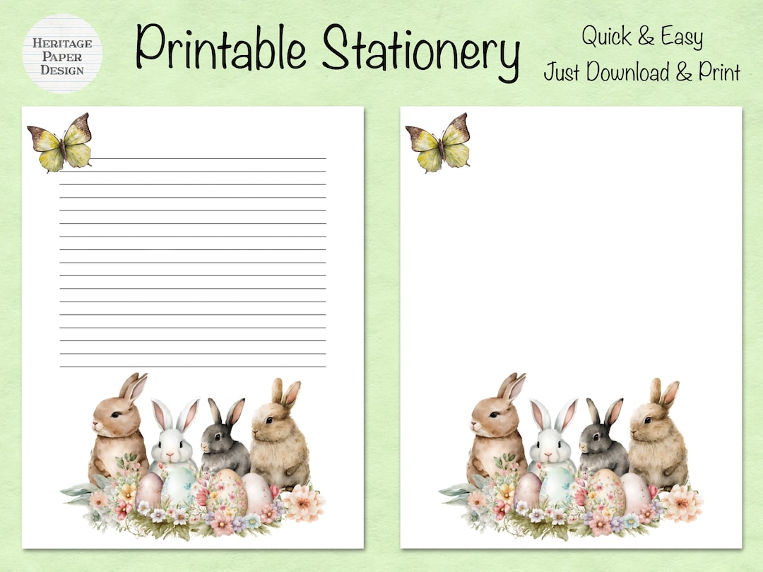Bunny Rabbits Printable Stationery / Digital Note Paper / Instant ...