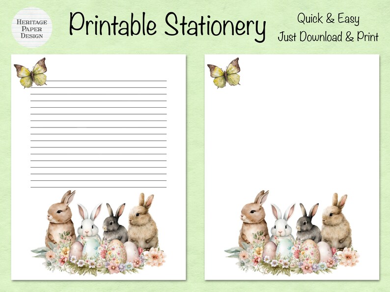 Bunny Rabbits Printable Stationery / Digital Note Paper / Instant ...