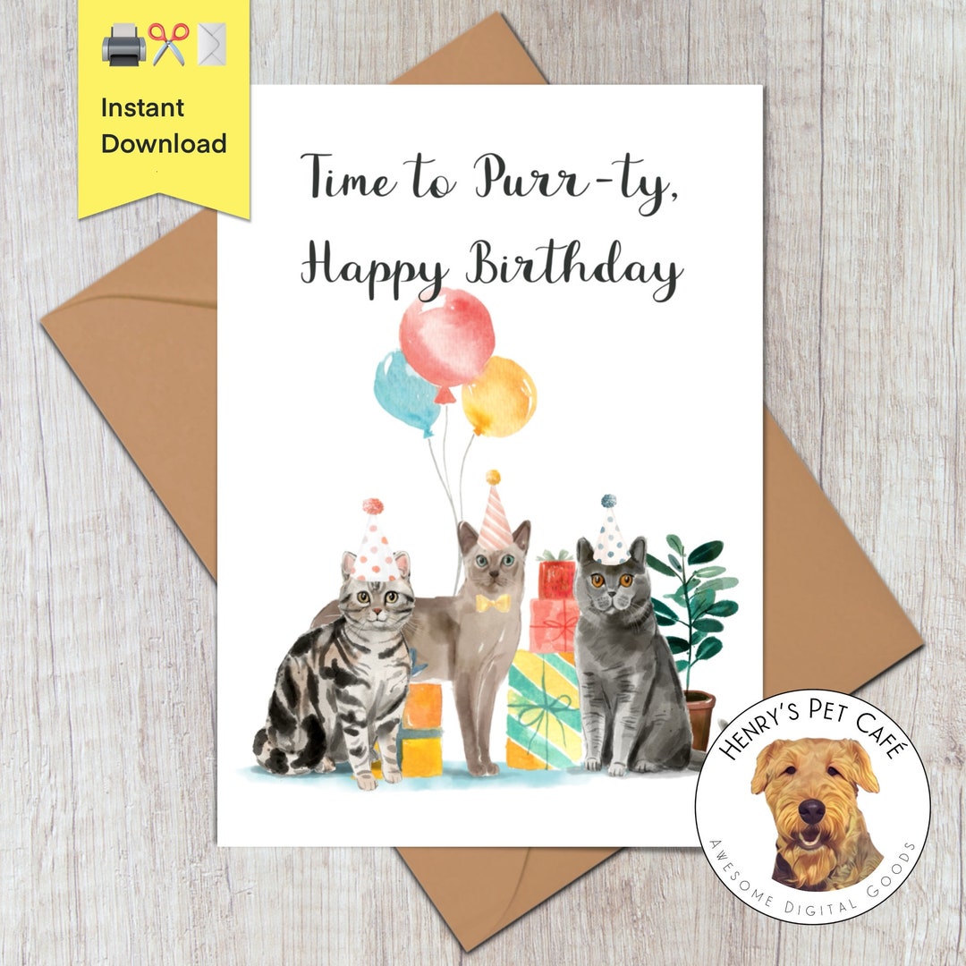 Printable Cat Birthday Card, Funny Purrty Party Birthday Card, Digital ...