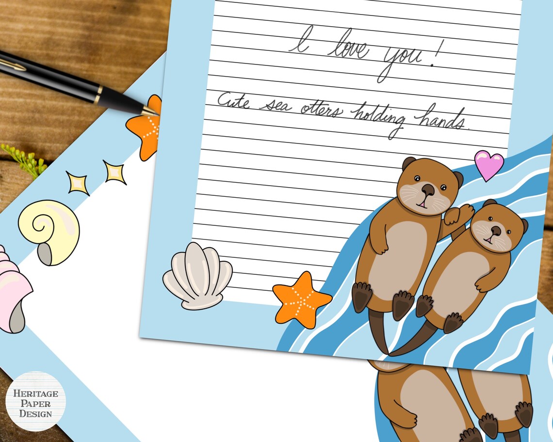 Cute Sea Otters Printable Stationery / Digital Note Paper / Instant ...