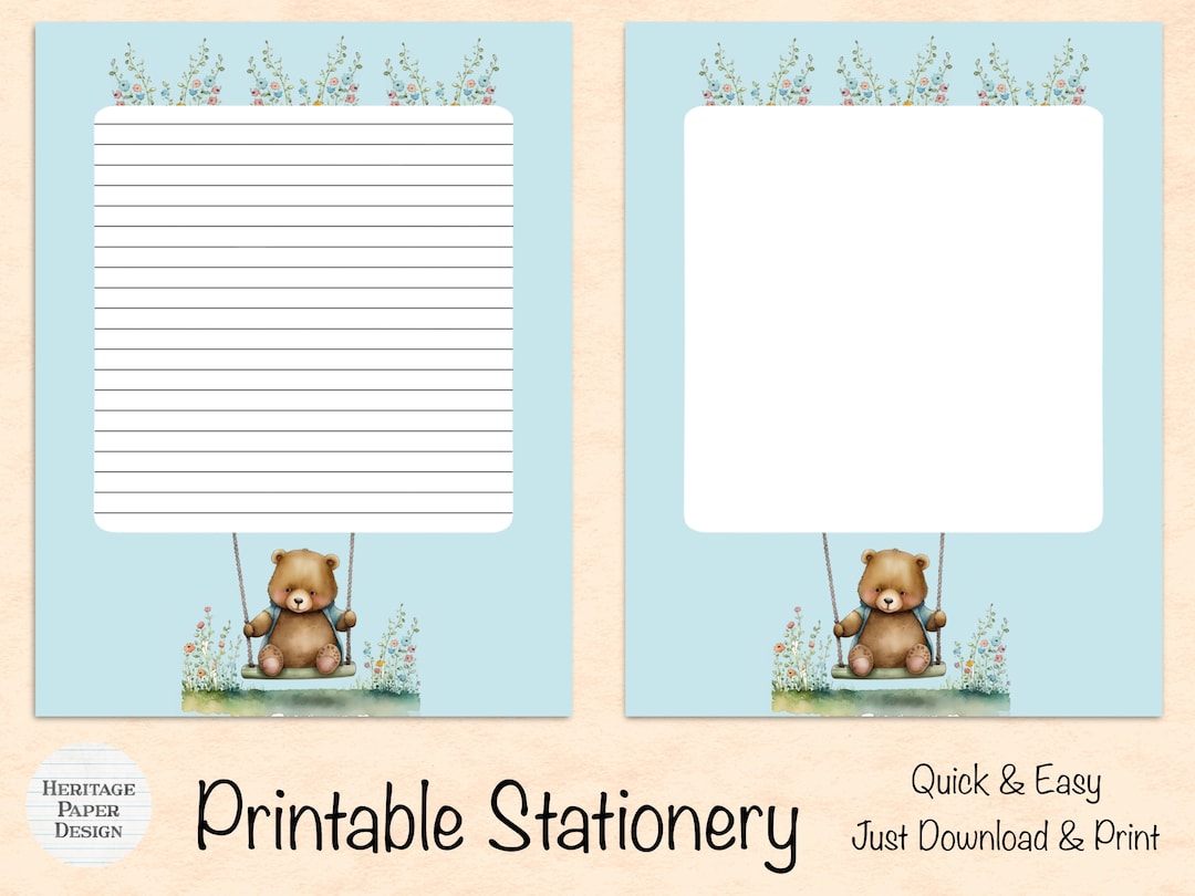 Teddy Bear Printable Stationery, Digital Note Paper, Instant Download ...