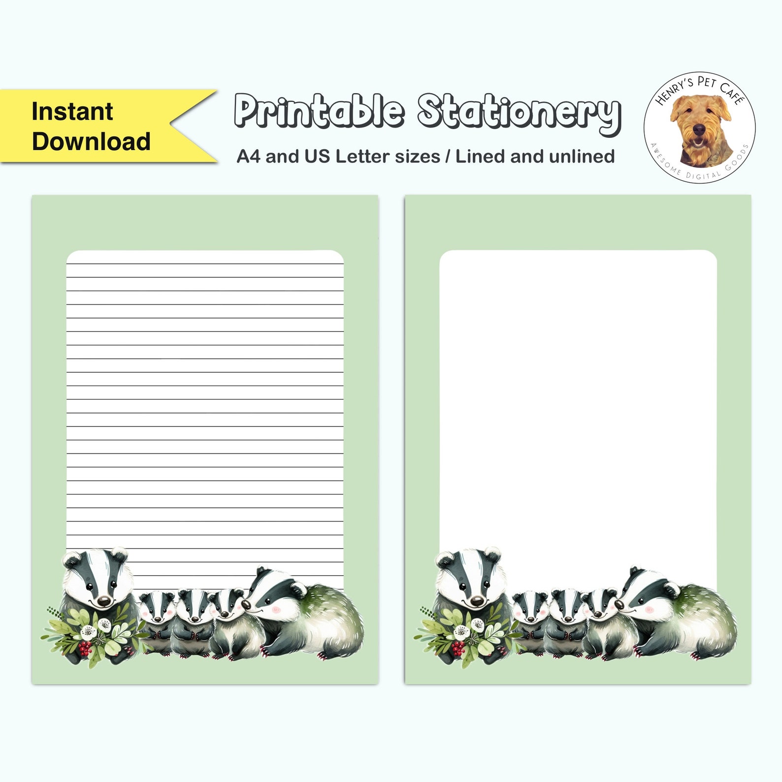 Cute Forest Badger Printable Stationery / Digital Note Paper / Instant ...