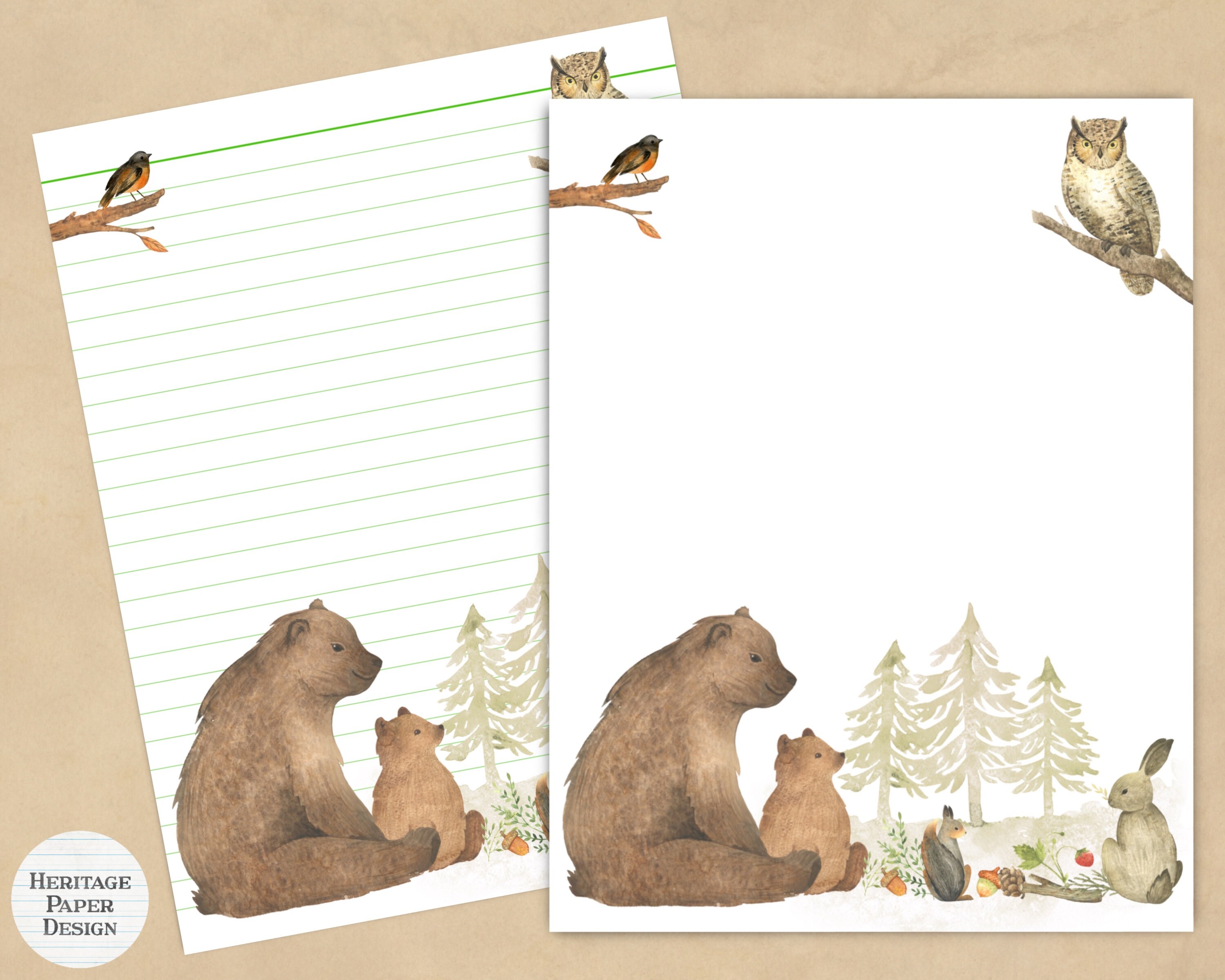 Cute Forest Animals Printable Stationery / Digital Note Paper / Instant ...