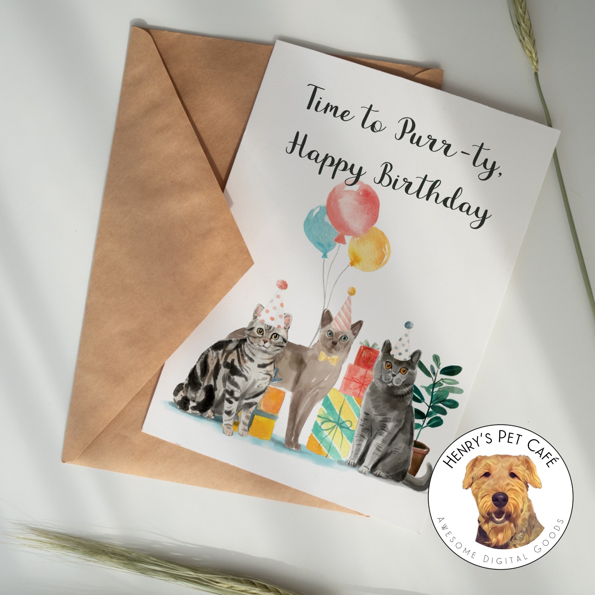 Printable Cat Birthday Card, Funny Purrty Party Birthday Card, Digital ...