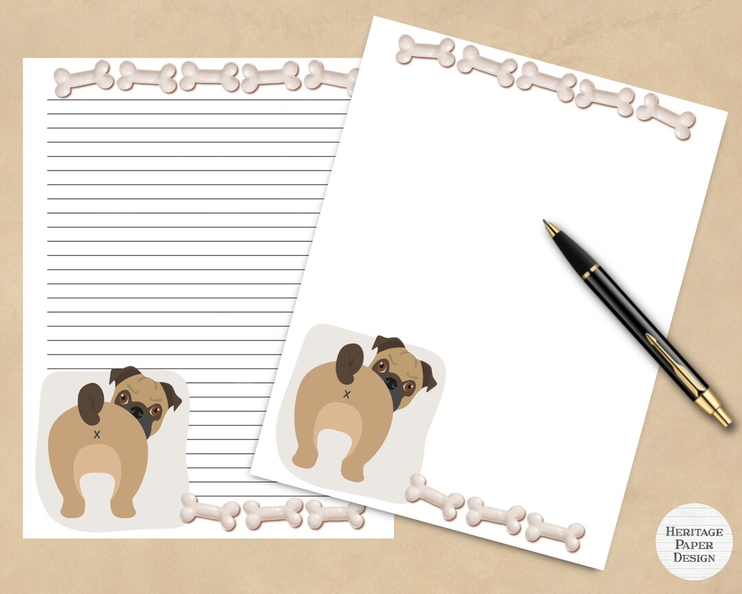 Cute Pug Behind Printable Stationery / 8.5 X11 and A4 Sizes / Instant ...