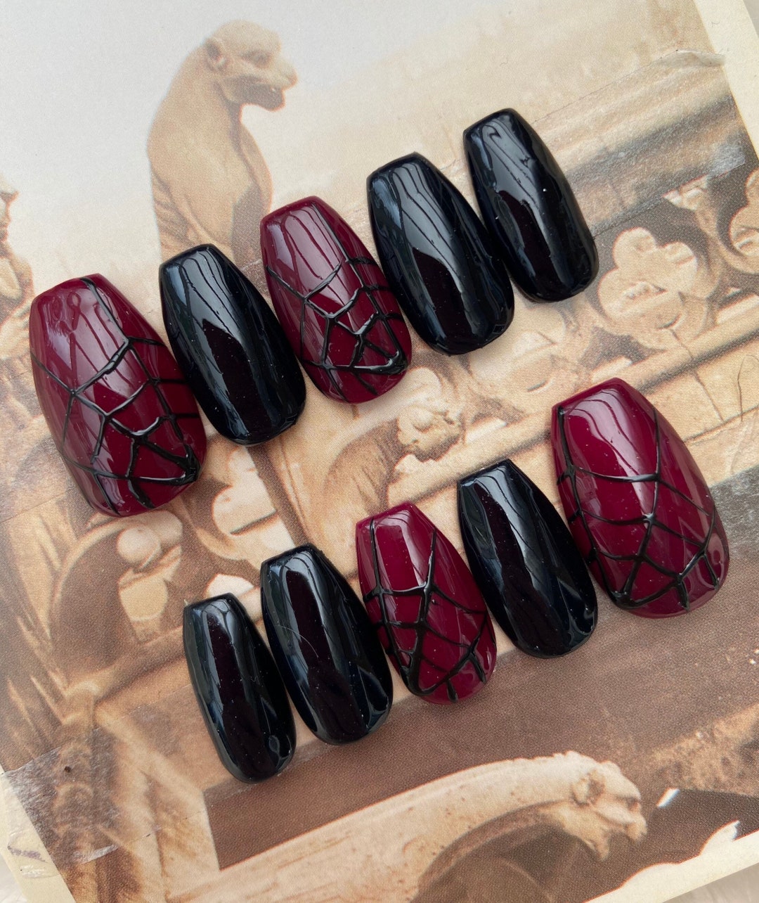 Black and Red Spider Web Press on Nails Glue on Nails Fake Nails False ...