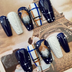 Navy and Gold Christmas Gonk Press on Nails | Glue on Nails | Stick on ...