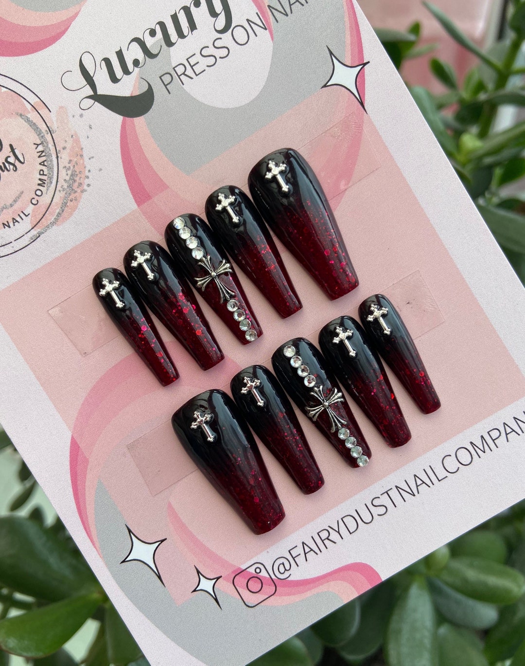 Black and Dark Glitter Red Ombre Gothic Cross Press on Nails | Glue on ...