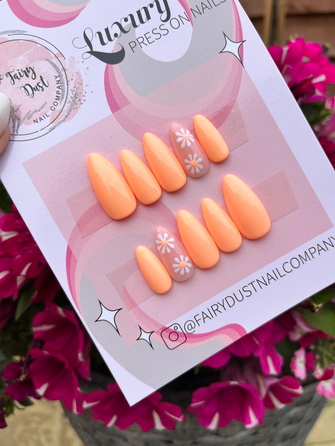 Coral Orange Daisy Press on Nails | Fake Nails | False Nails | Glue on ...