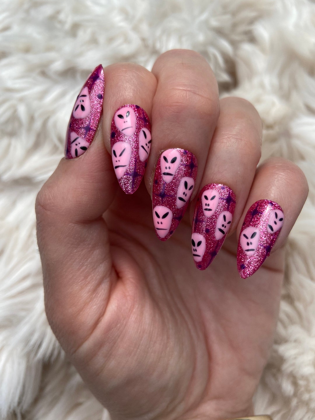 Pink Glitter Alien Press on Nails | Fake Nails | Stick on Nails | False ...