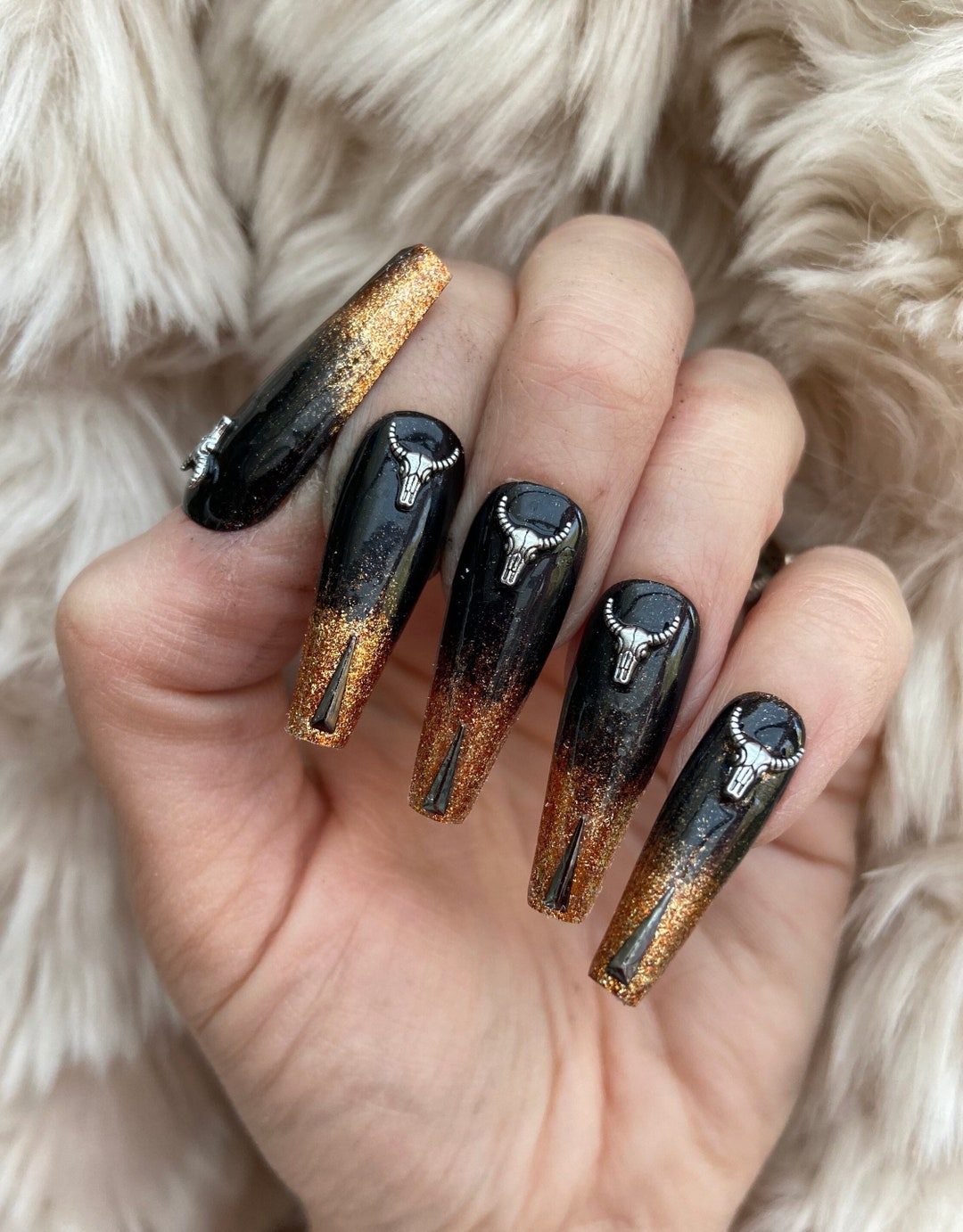 Ram Skull Black and Gold Ombré Press on Nails | Fake Nails | False ...