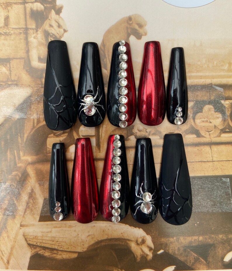 Gothic Spider Press on Nails in Red and Black With Crystals - Etsy