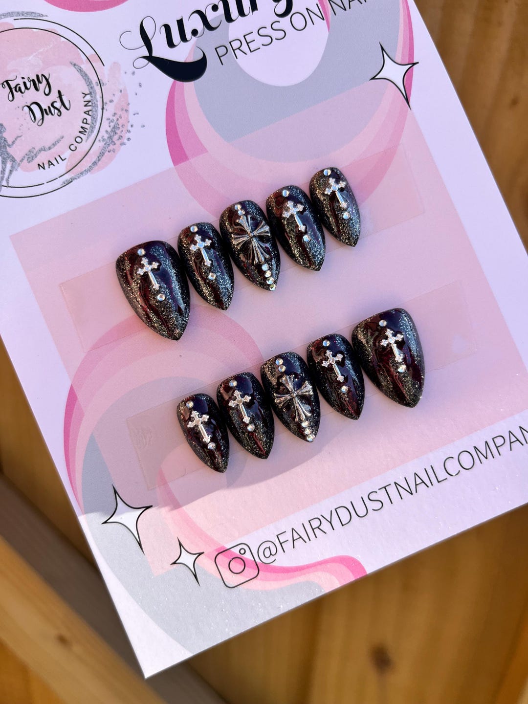 Black Glitter and Blood Splattered Gothic Cross Press on Nails | Glue ...