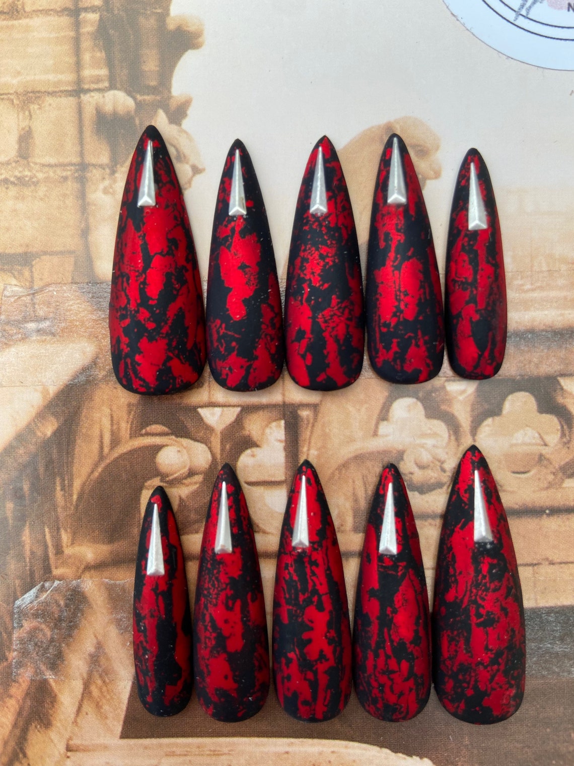 Matte Black and Red Press on Nails Fake Nails Stick on - Etsy