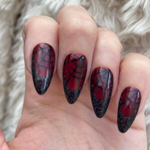 Dark Red and Black Spider Web Light Reflective French Manicure Press on ...