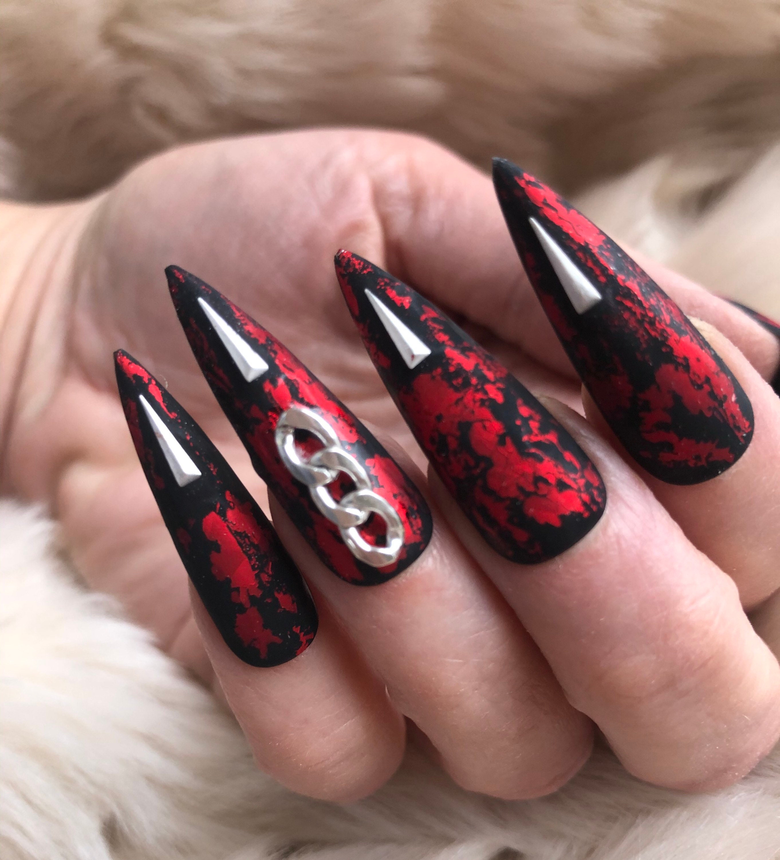 Matte Black And Red Gothic Press On Nails Gothic Nails | Etsy