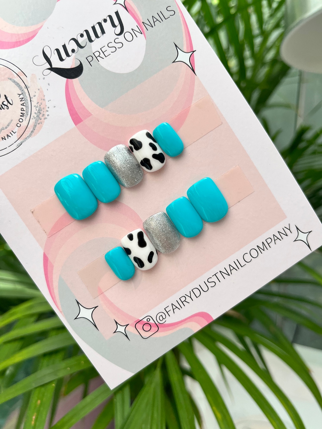 Teal and Glitter Cow Print Press on Nails | Glue on Nails | Stick on ...
