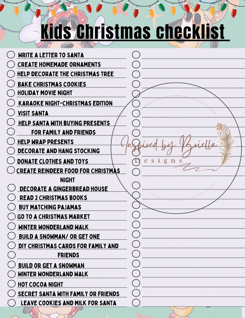 Printable Christmas Checklist for Kids, Holiday Bucket List, Winter ...