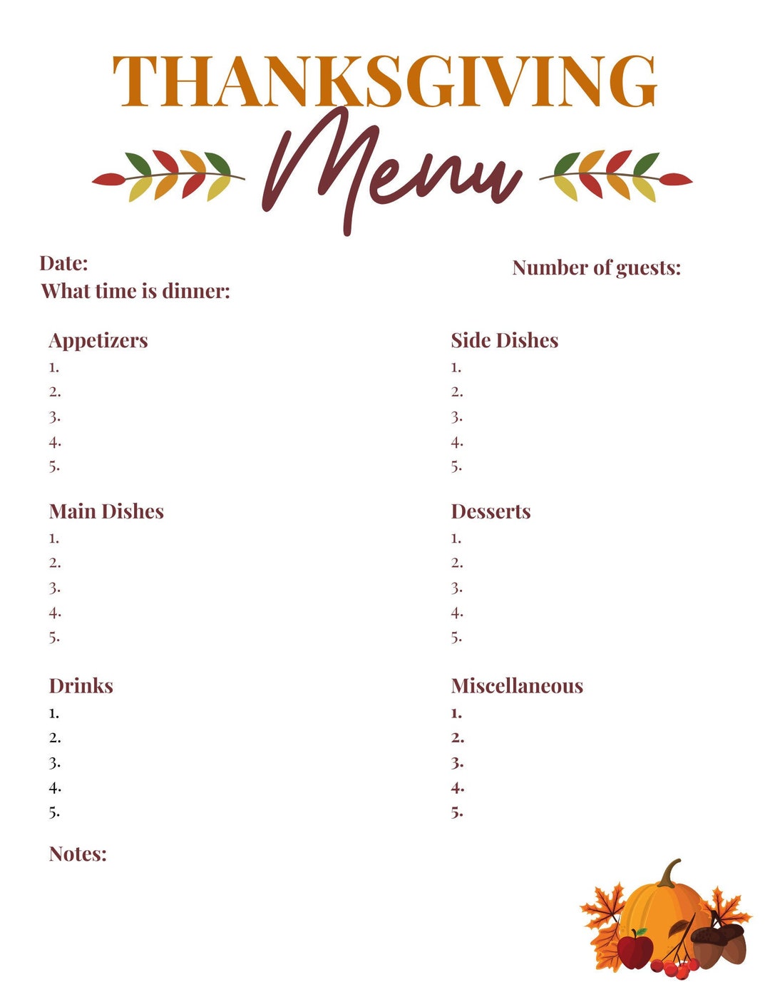 INSTANT DOWNLOAD Thanksgiving Menu and Shopping List, Thanksgiving Meal ...