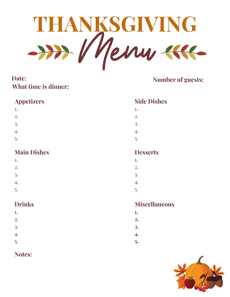 INSTANT DOWNLOAD Thanksgiving Menu and Shopping List, Thanksgiving Meal ...