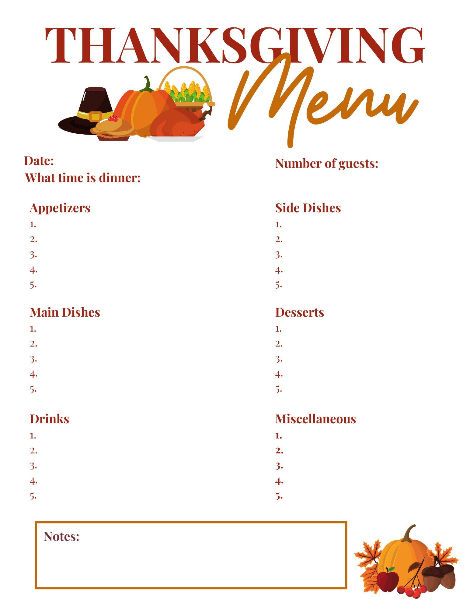 INSTANT DOWNLOAD Thanksgiving Menu and Shopping List, Thanksgiving Meal ...