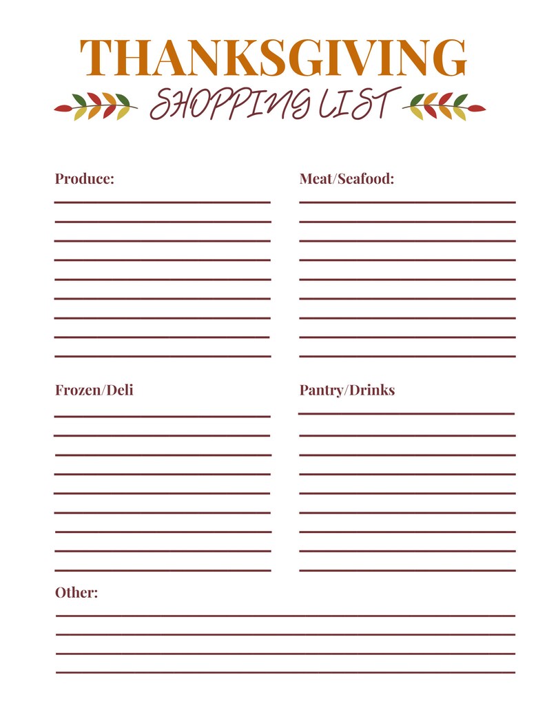 INSTANT DOWNLOAD Thanksgiving Menu and Shopping List, Thanksgiving Meal ...