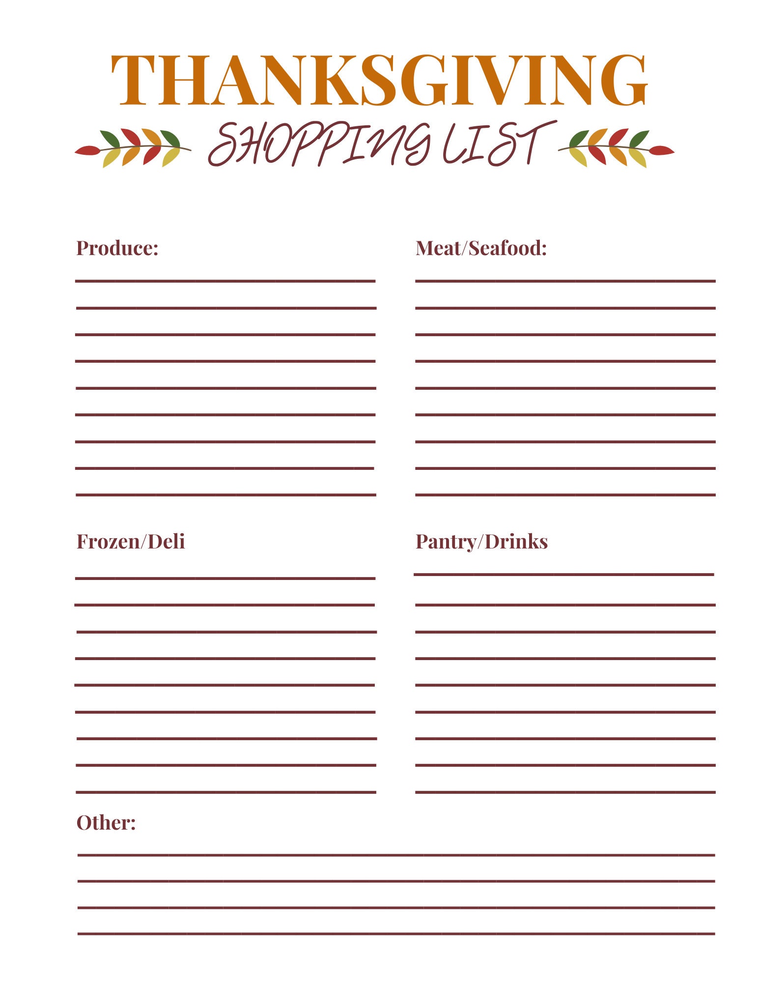 INSTANT DOWNLOAD Thanksgiving Menu and Shopping List, Thanksgiving Meal ...
