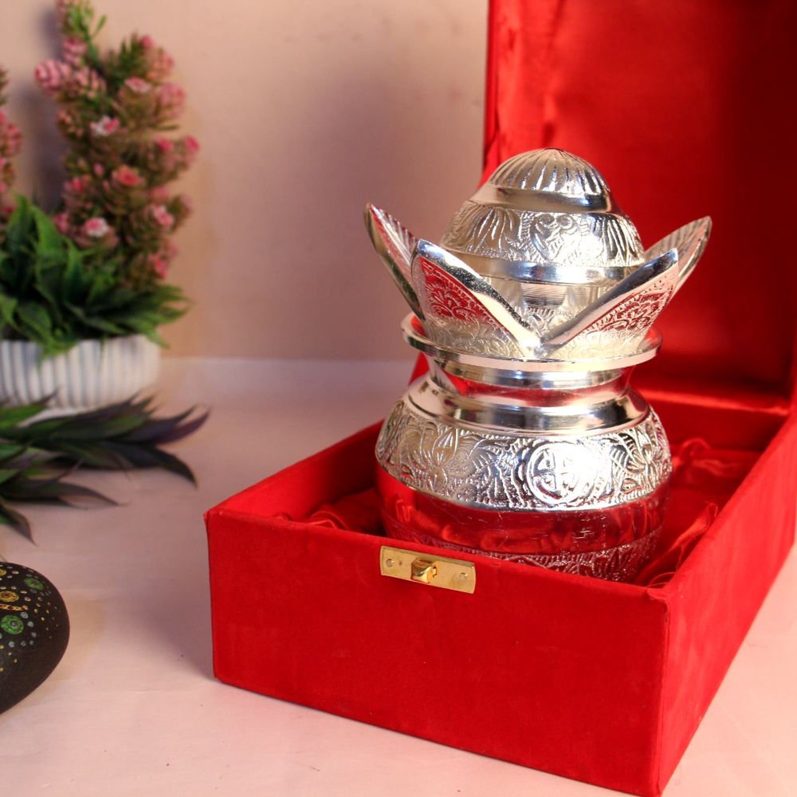 Pure German Silver Kalash, Decorative Puja Kalash, Lota Narial Patta ...