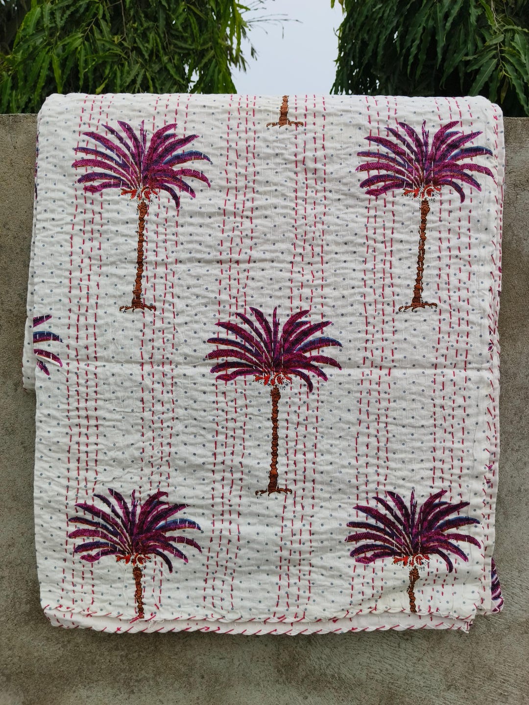 Hand-stitched Palm Tree Kantha Quilt: Vintage Indian Cotton Bedspread ...