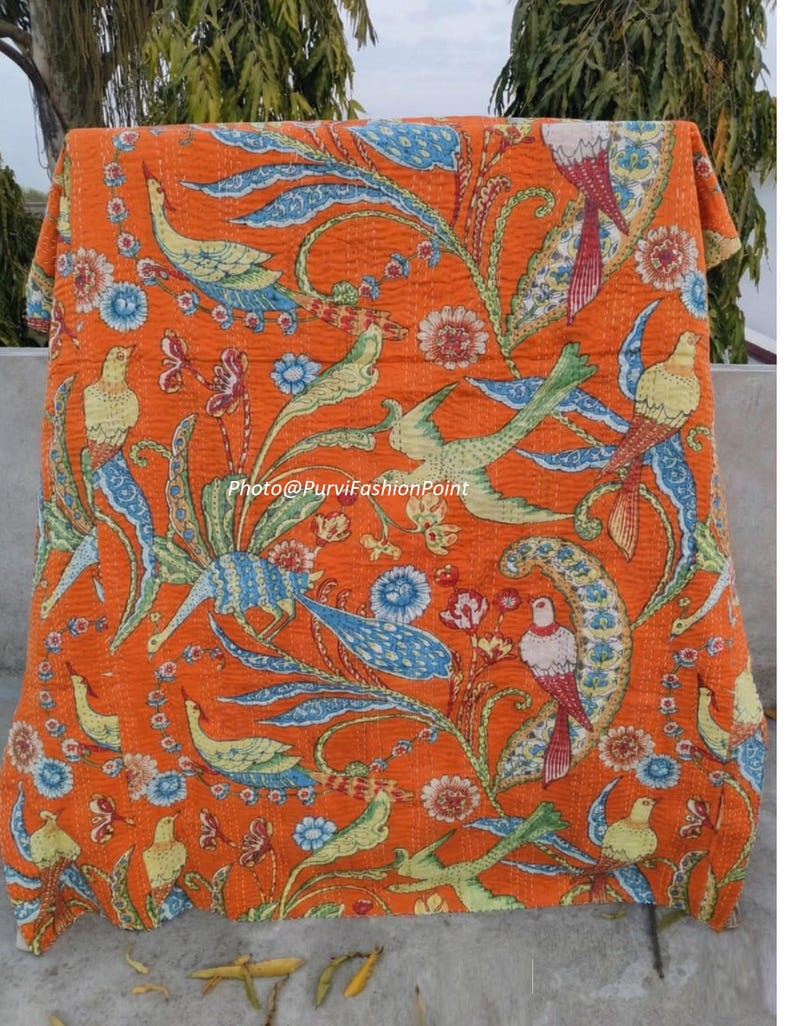 Blue Bird Kantha Quilt | Indian Handmade Cotton Bedspread | Bohemian ...