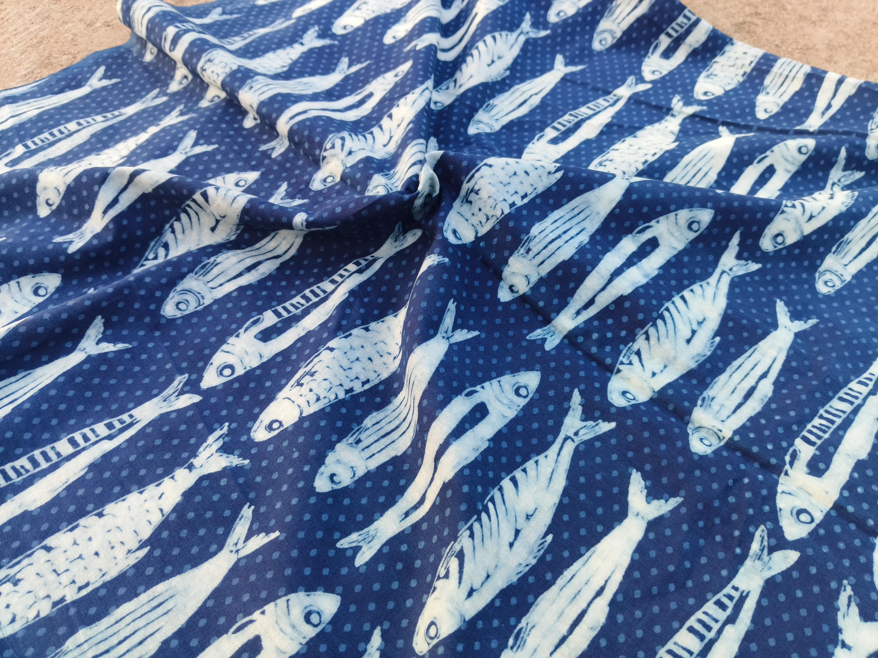 Indigo Fish Hand Block Printed Cotton Fabric: Indian Textiles by the ...