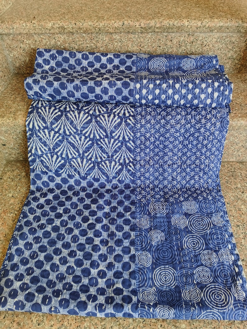 Indigo Blue Patchwork Print Kantha Quilt Handmade Throw Cotton Blanket ...
