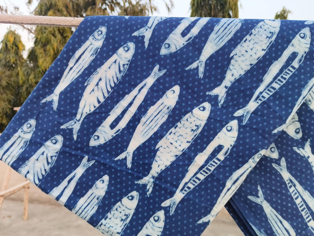 Indigo Fish Hand Block Printed Cotton Fabric: Indian Textiles by the ...