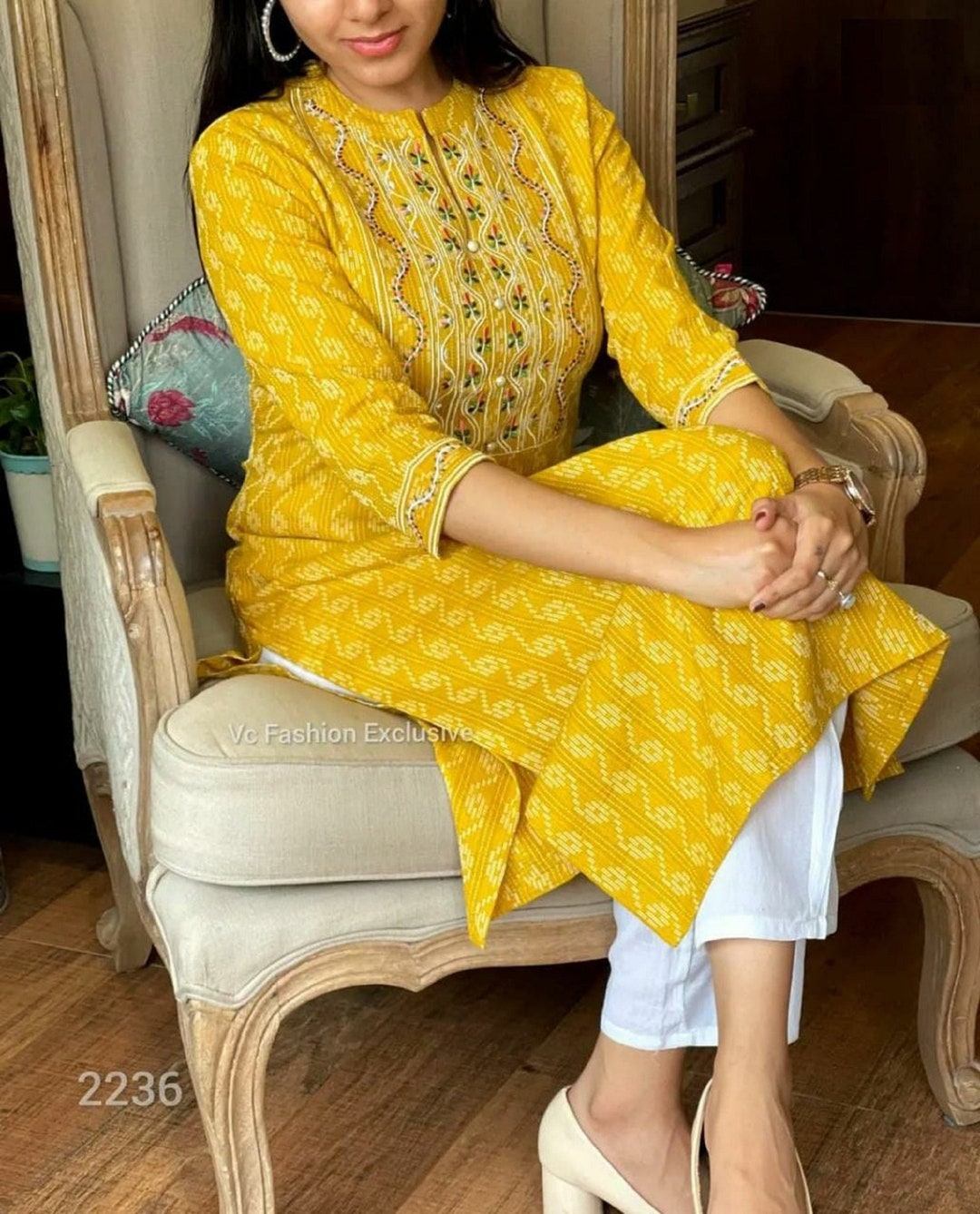 Cotton Kantha Embroidery Work Kurti With Pant Set, Yellow Color Boho ...