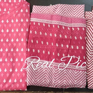 Indian Handmade Special Pink Printed Cotton Kurti Pant With Dupatta Set ...