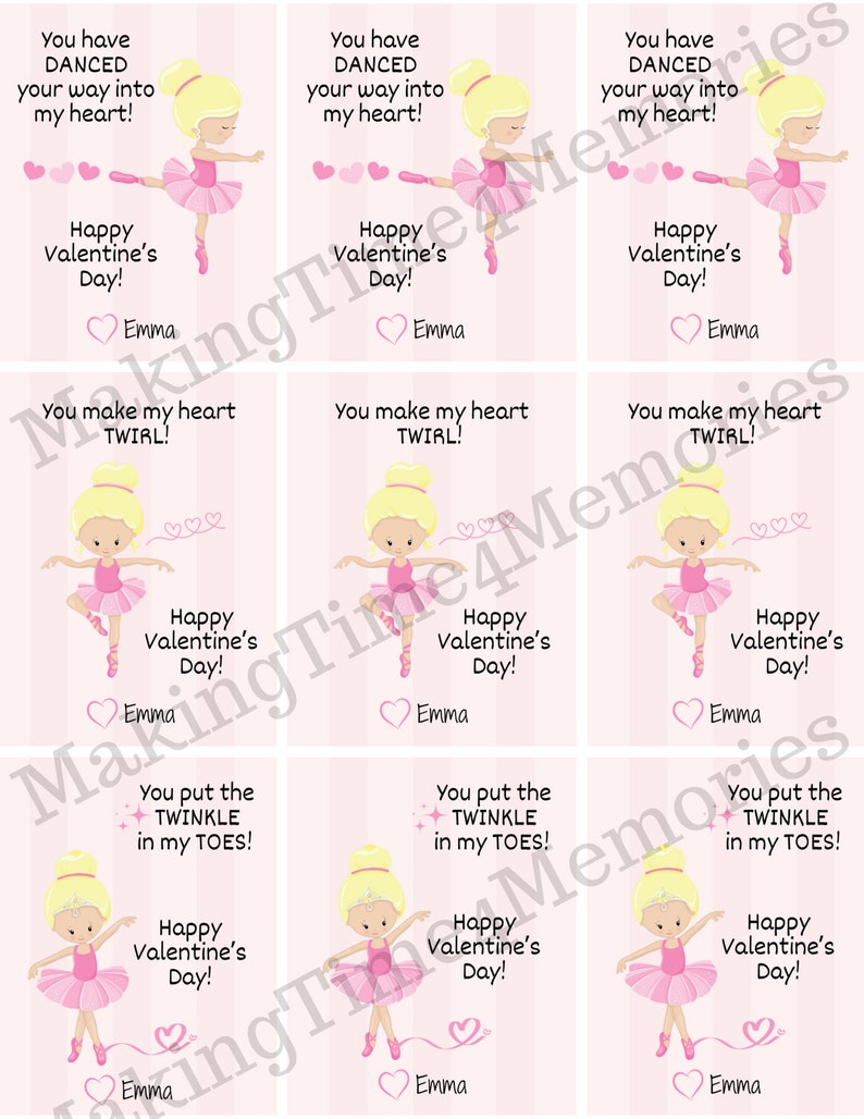 Printable Ballet Valentine's Day Cards set 5 Personalized Valentines ...