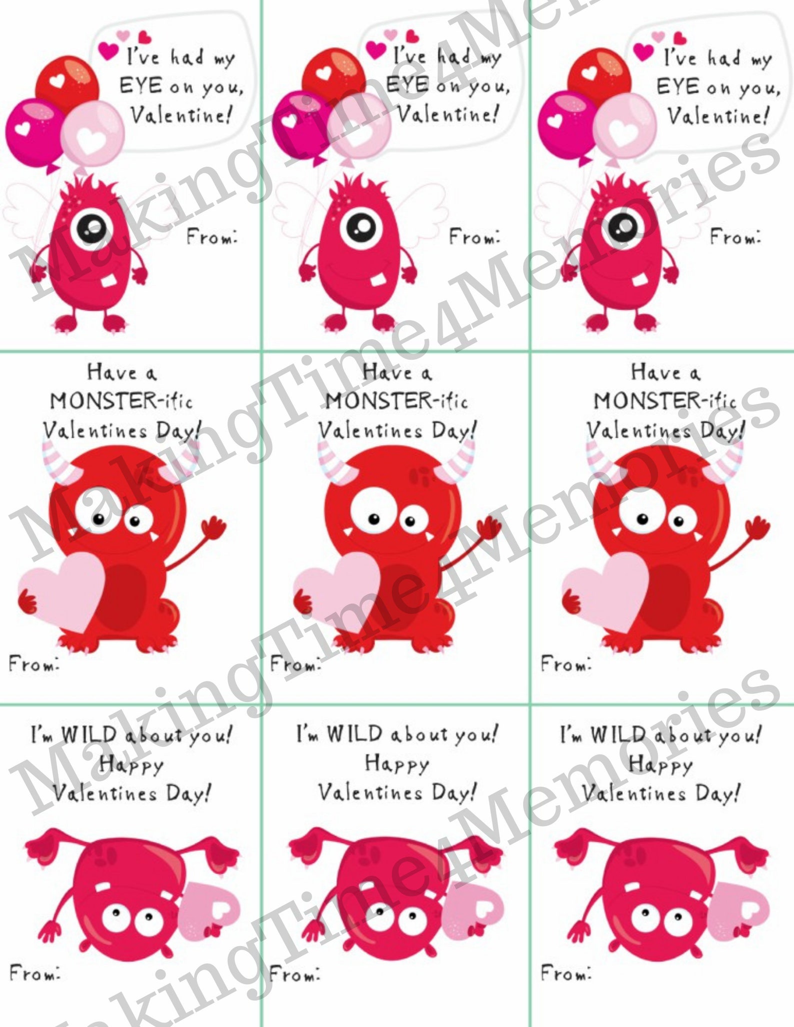 Printable Valentine's Day Cards Cute Monsters Valentine's Day Monsters ...