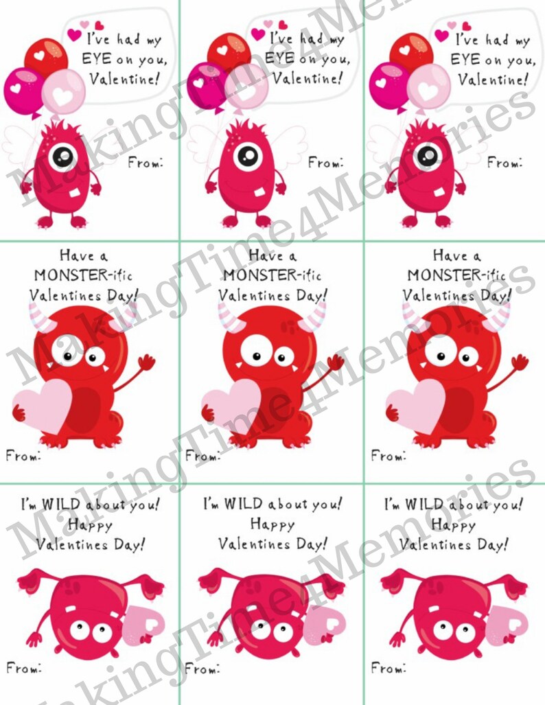 Cute Monster Valentine's Day Cards | Printable PDF (instant Download ...