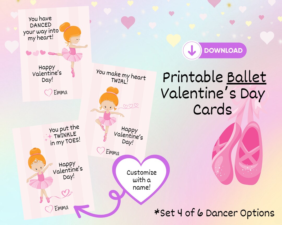 Printable Ballet Valentine's Day Cards set 4 Personalized Valentines ...