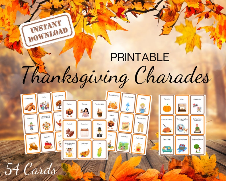 Thanksgiving Charades Game – Fall Family Fun, 54 Printable Cards (PDF ...