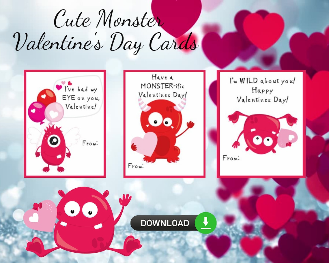 Cute Monster Valentine's Day Cards | Printable PDF (instant Download ...