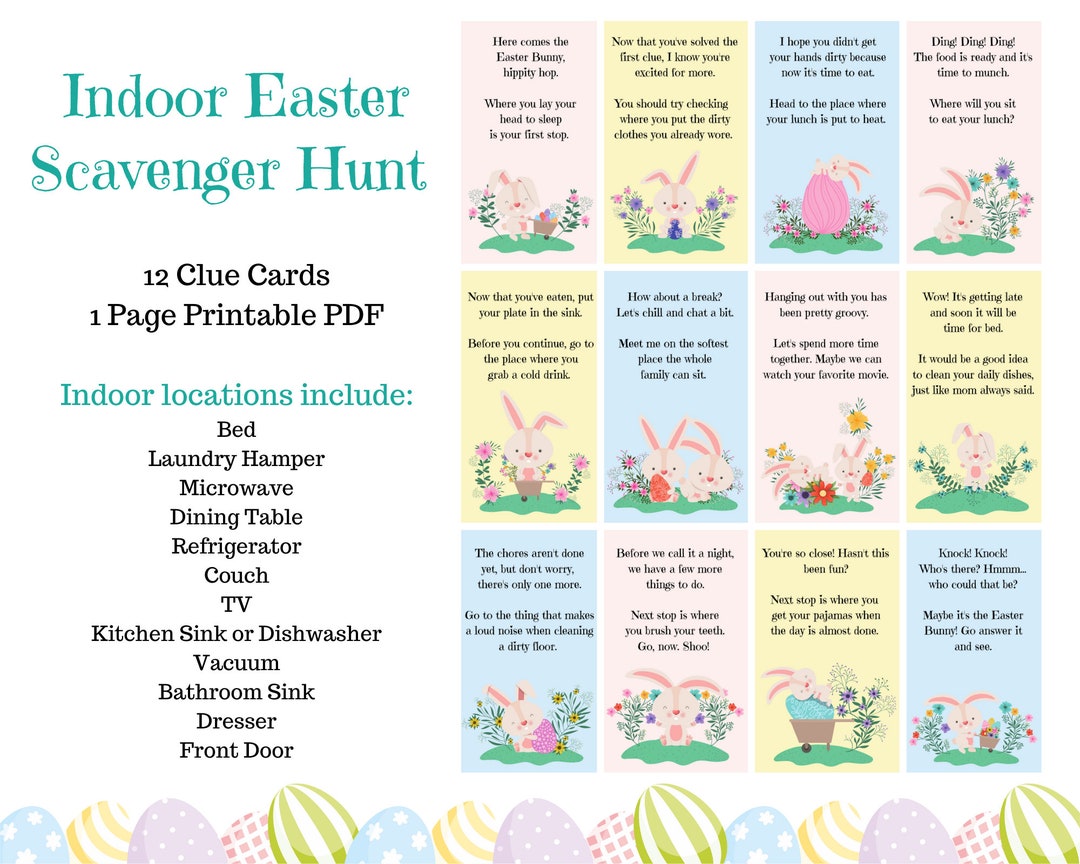 Printable Indoor Easter Scavenger Hunt | Indoor Easter Egg Hunt Clue ...