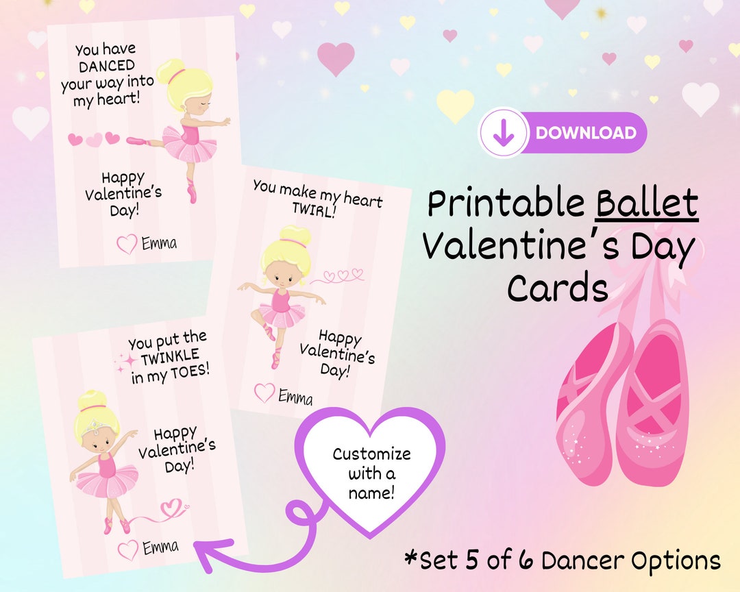 Printable Ballet Valentine's Day Cards set 5 Personalized Valentines ...